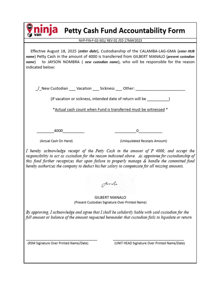 Petty Cash Fund Custodian Transfer Form | PDF