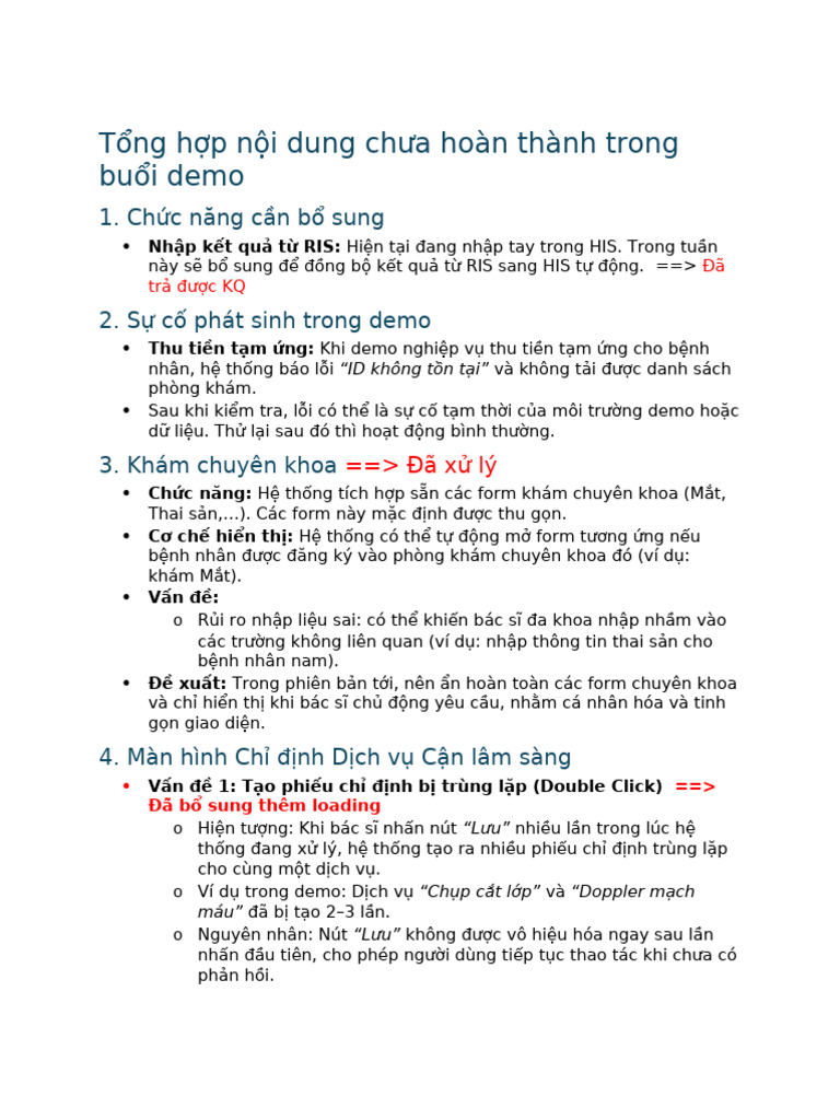 Tổng Hợp Nội Dung Chưa Hoàn Thành & Action Cho Dev - Demo Kcb Tuần | PDF