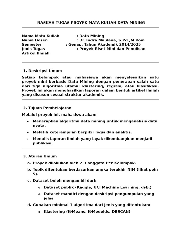 Naskah Tugas Proyek Mata Kuliah Data Mining | PDF