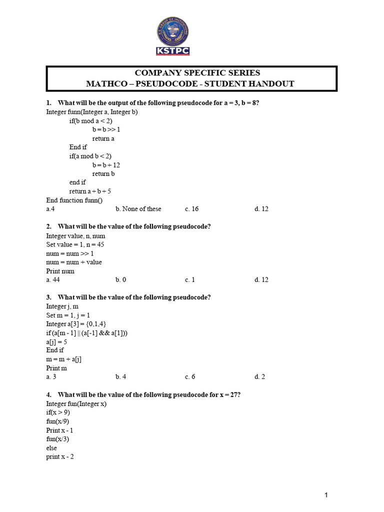 Pseudocode Output Questions and Answers | PDF | Boolean Data Type ...