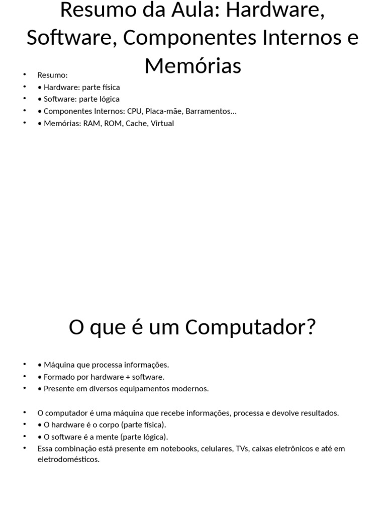 Aula Resumo de Hardware Software Completo | PDF | Hardware de computador | Armazenamento de ...