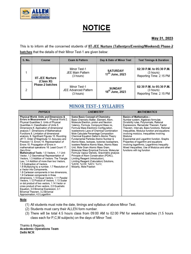 Notice-Minor Test 1 - Nurture-Phase 2 (Tallentpro, Evening, Weekend ...