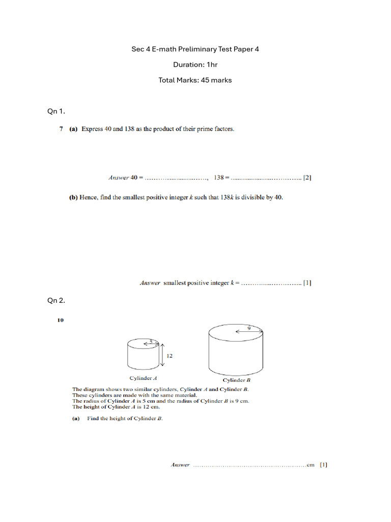 Sec 4 E-Math Preliminary Test Paper 4 | PDF