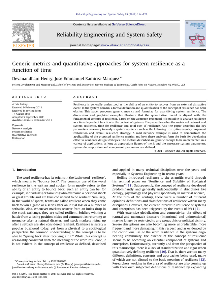 Generic Metrics and Quantitative Approaches For System Resilience As A Function of Time | PDF ...