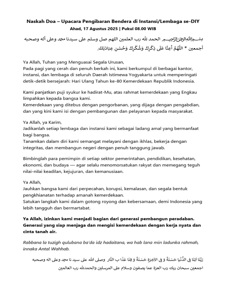 Doa Upacara HUT Kemerdekaan DIY 2025 | PDF