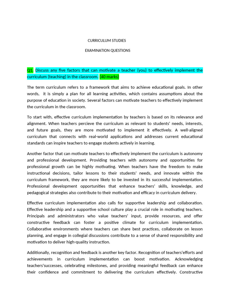 Curriculum Studies Exam Questions | PDF | Curriculum | Learning