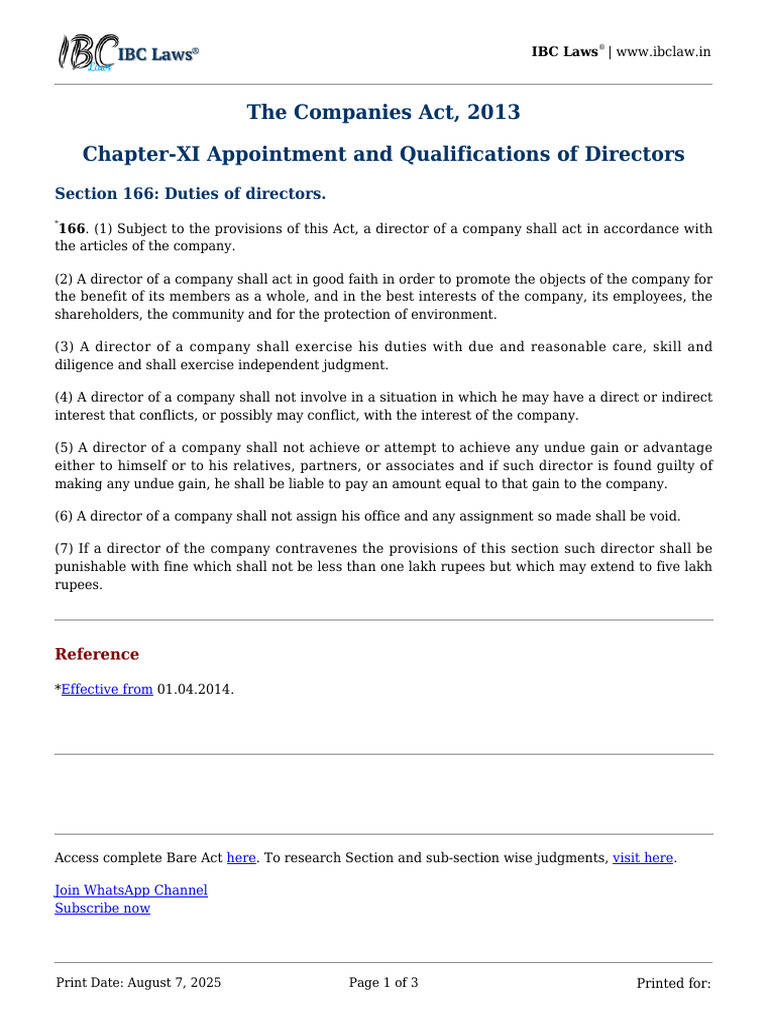 Section 166 of The Companies Act 2013 Duties of Directors | PDF ...