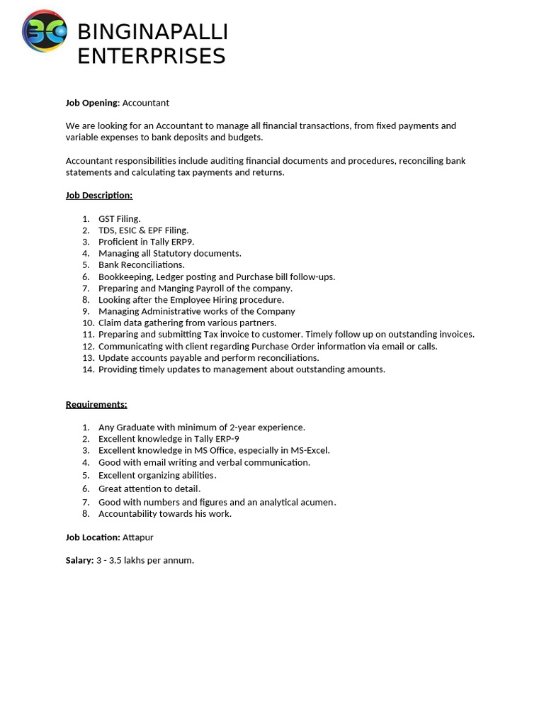 Accountant Job Opening in Attapur | PDF