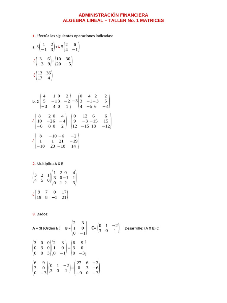 Taller de Matrices en Álgebra Lineal | PDF | Matemáticas | Álgebra ...