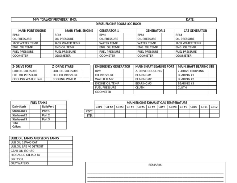 Format for Daily Engine Room Control | PDF | Engines | Engine Technology