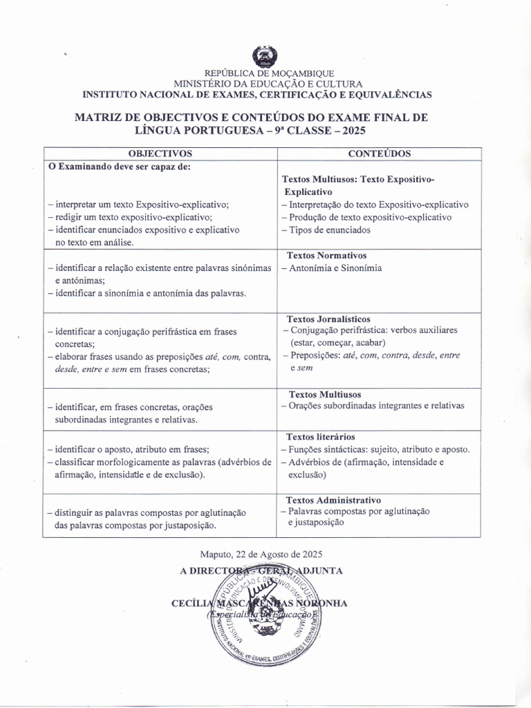 Matriz de Objectivos e Conteudos Do Exame Final Da 9a Classe 2025 | PDF