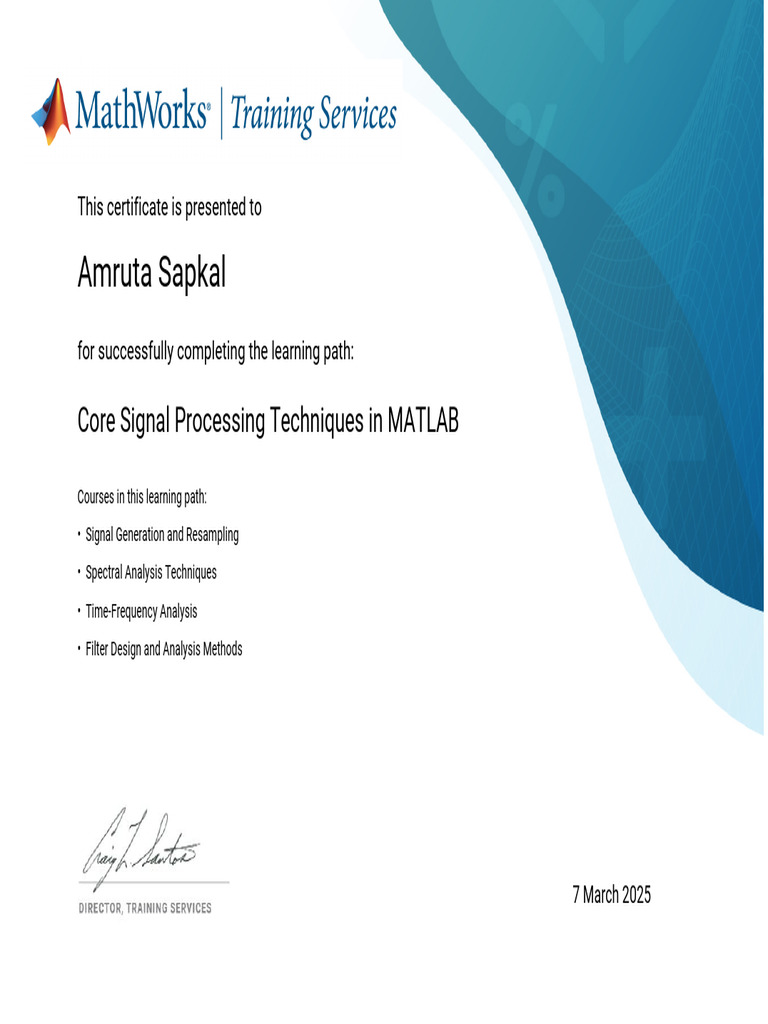 Core Signal Processing in MATLAB Certificate | PDF