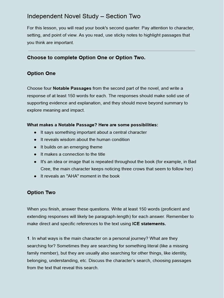 Independent Novel Study Part Two - NEW | PDF | Narration | Human ...