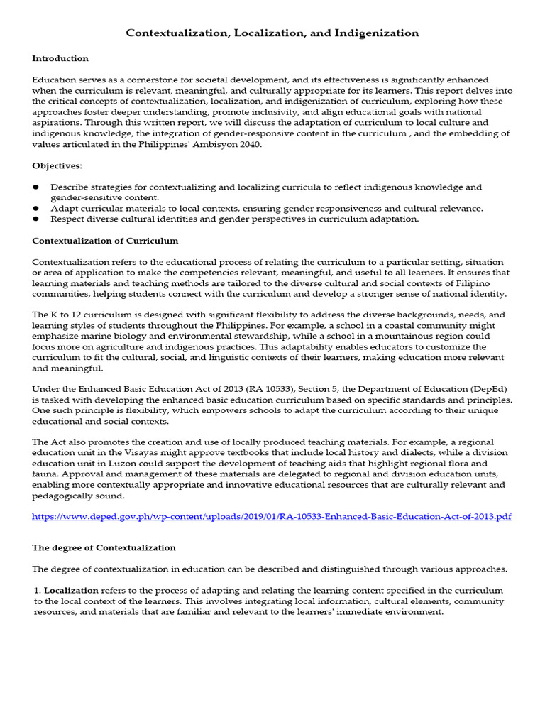 Contextualization Localization Indigenization TOPIC4GRP4 | PDF | Curriculum | Learning