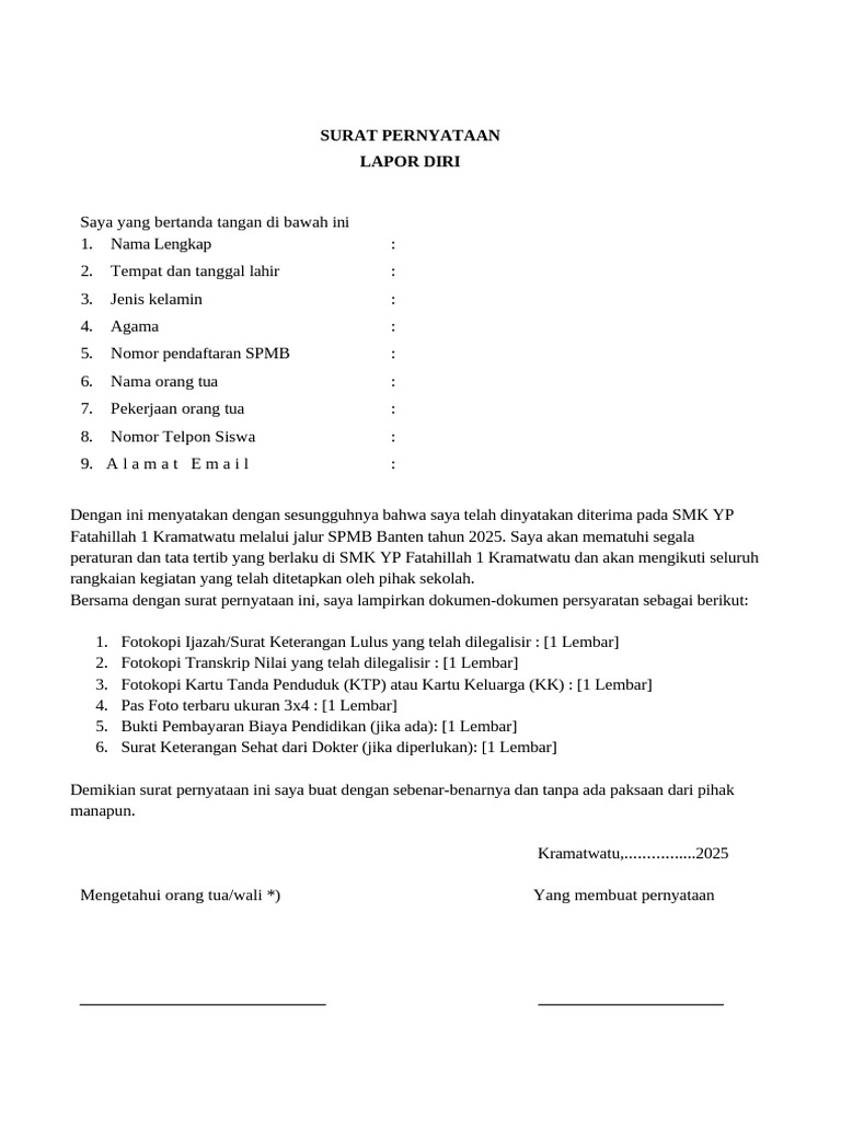 Format Lapor Diri - SPMB Fatser 229 | PDF