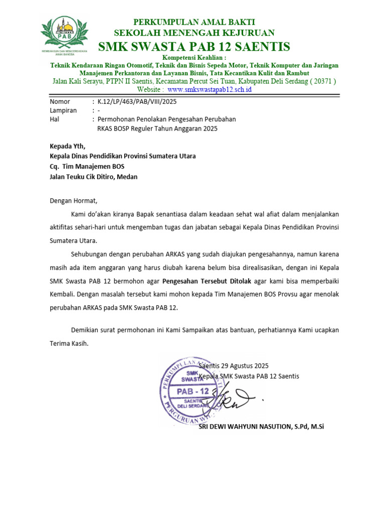 Permohonan Penolakan RKAS SMK PAB 12 | PDF