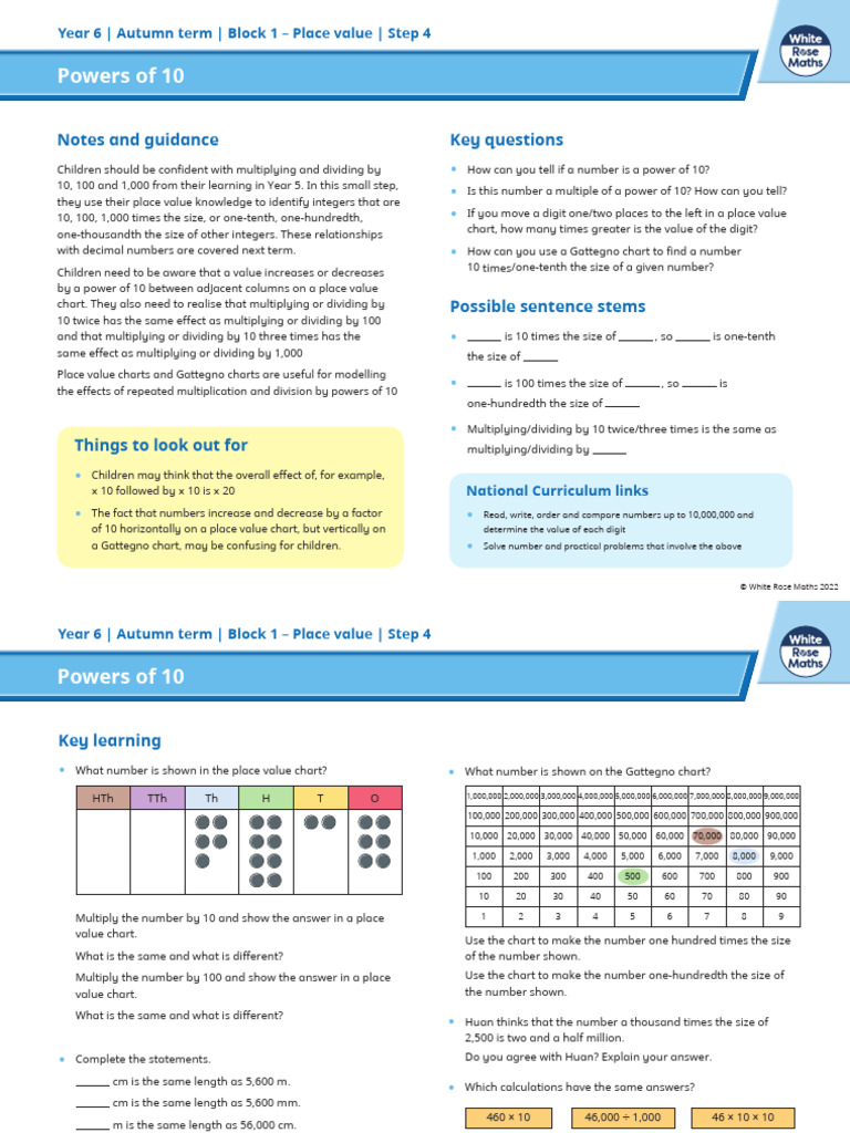 Y6 Autumn Block 1 SOL4 Powers of 10 | PDF | Multiplication | Elementary Mathematics