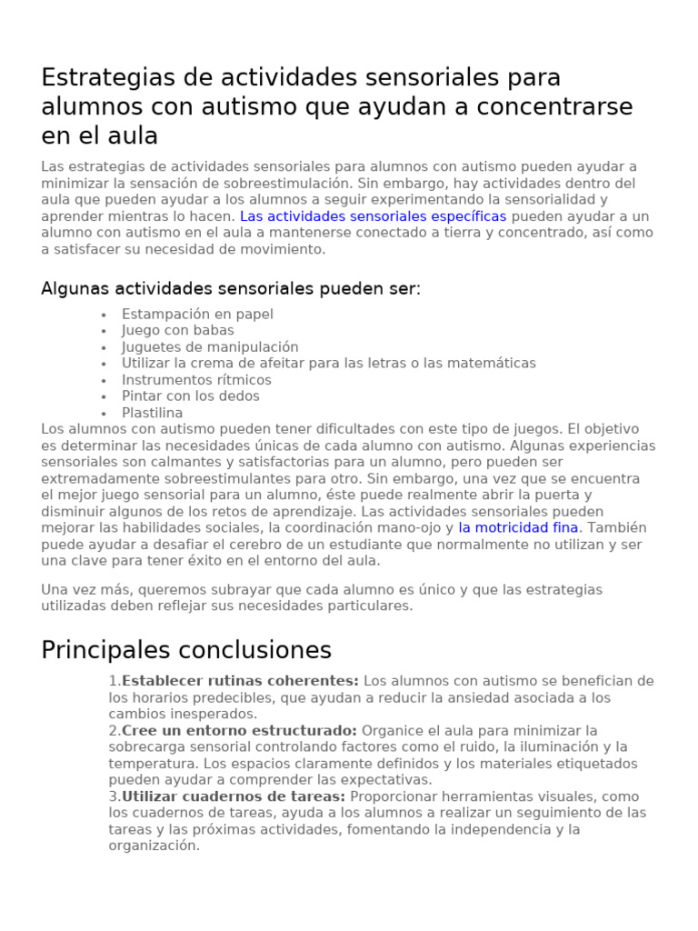 Actividades Sensoriales - TEA | PDF | Autismo | Salón de clases