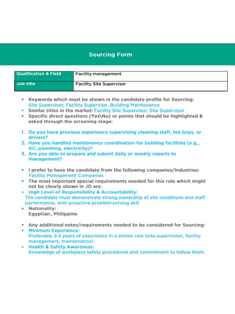 Sourcing Form - Facility Site Supervisor | PDF