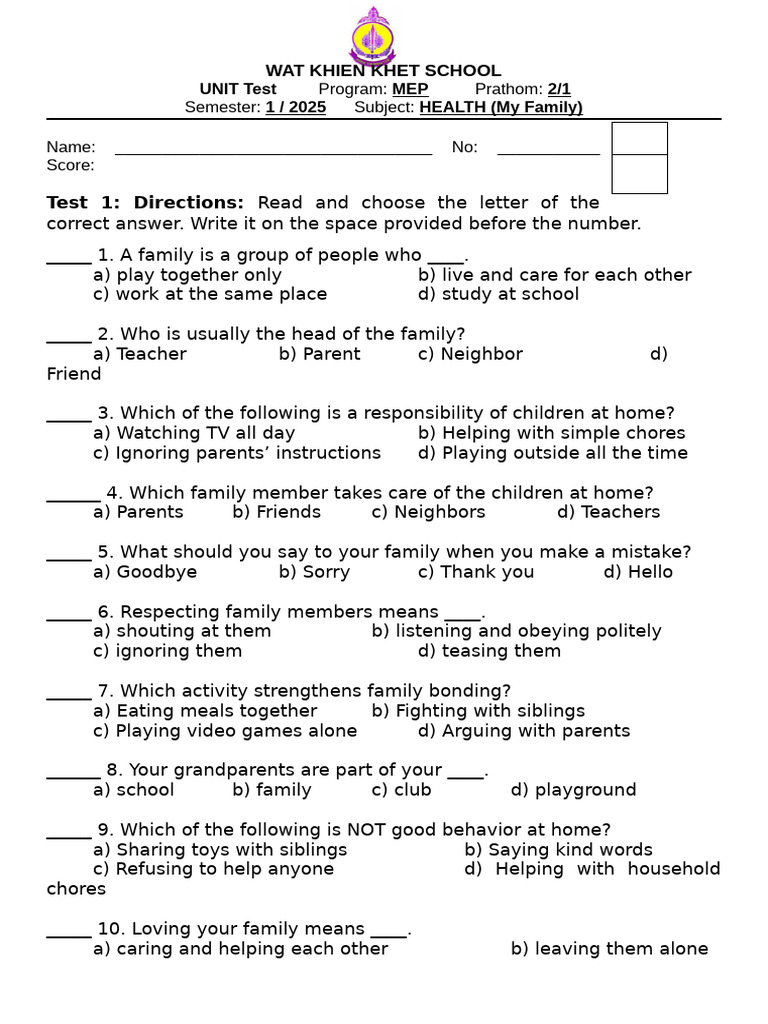Family Health Unit Test for Prathom 2/1 | PDF | Family