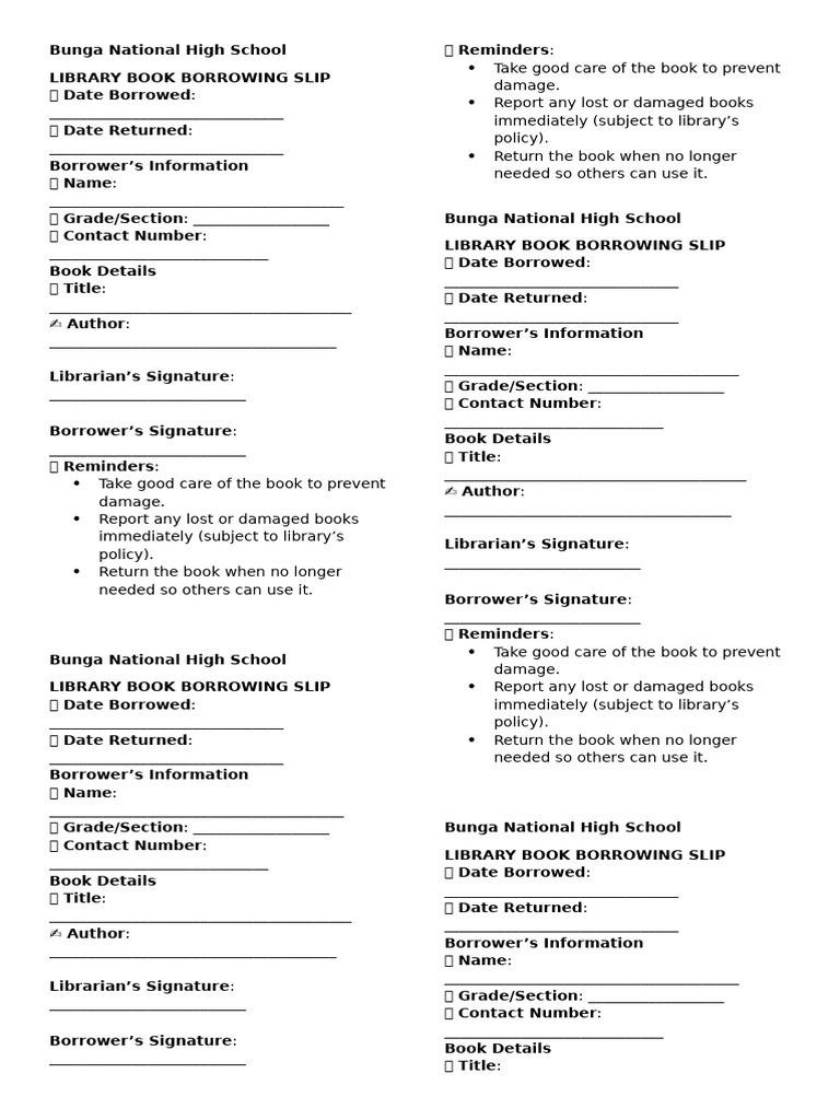 Library Book Borrowing Slip | PDF | Libraries