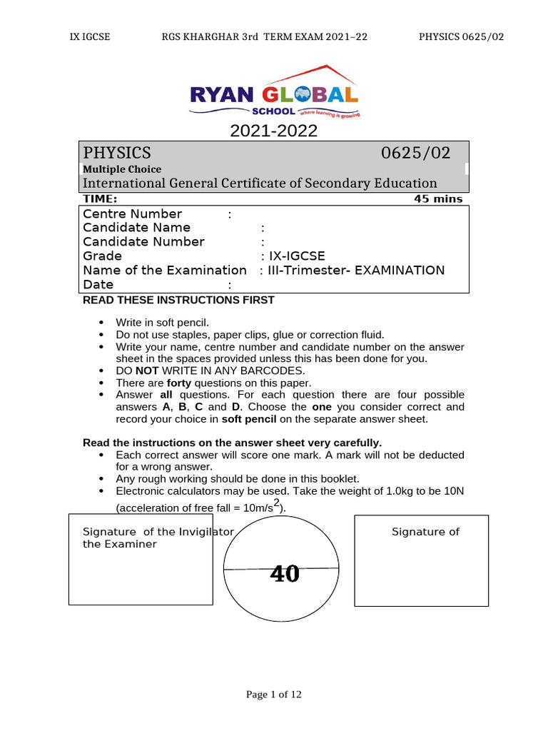 IGCSE Physics Exam Paper 2021-22 | PDF | Light | Heat