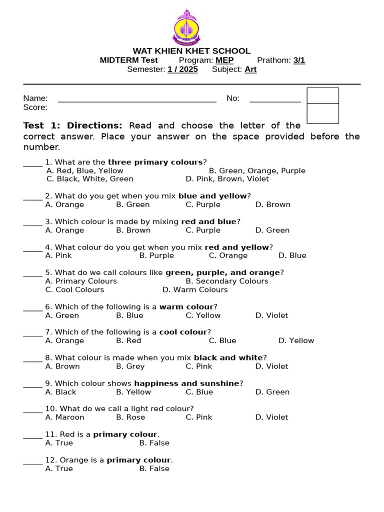 Unit Test - Visual Arts p3 - 1 | PDF | Color | Graphic Design