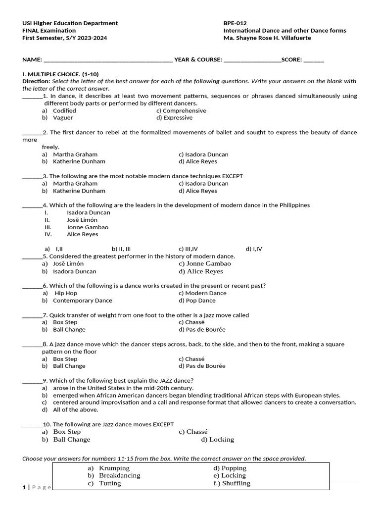 International Dance Exam Questions 2023 | PDF | Dances | Cheerleading