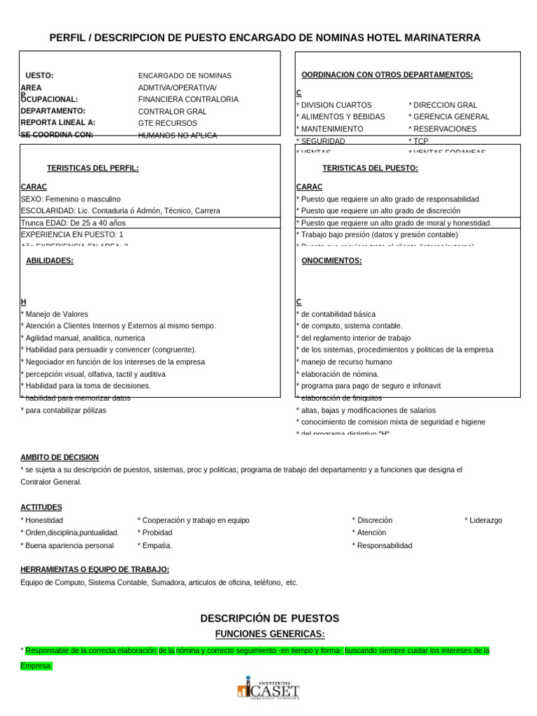 Perfil Desc Puesto Enc Nominas Hotel Marinaterra | PDF | Gestión de ...