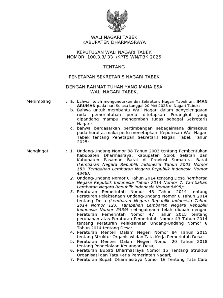 Penetapan Sekretaris Nagari Tabek 2025 | PDF