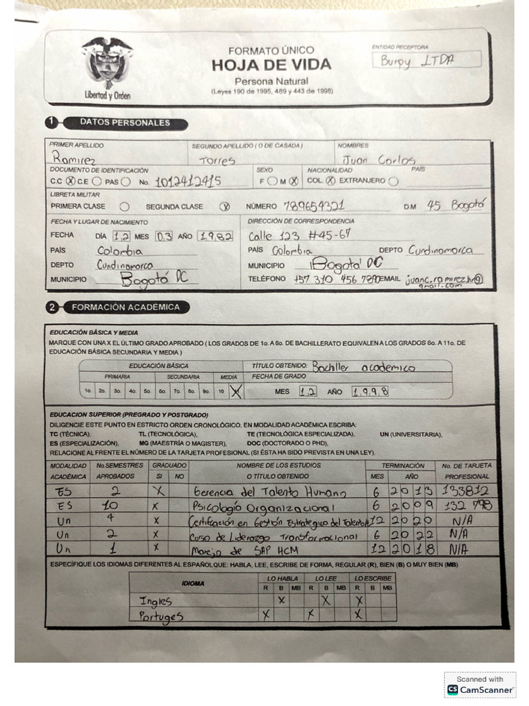 Hoja de Vida de Juan Carlos Ramírez Torres | PDF