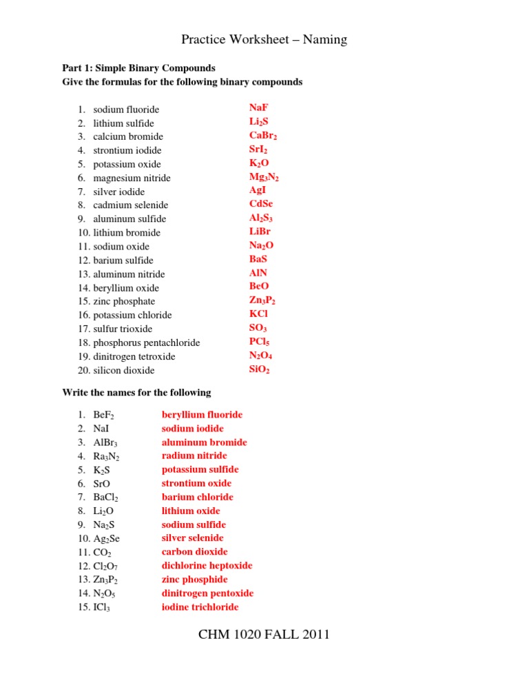 Practice Worksheet Naming Part I ANSWERS CM 1020 F11 | PDF | Science ...
