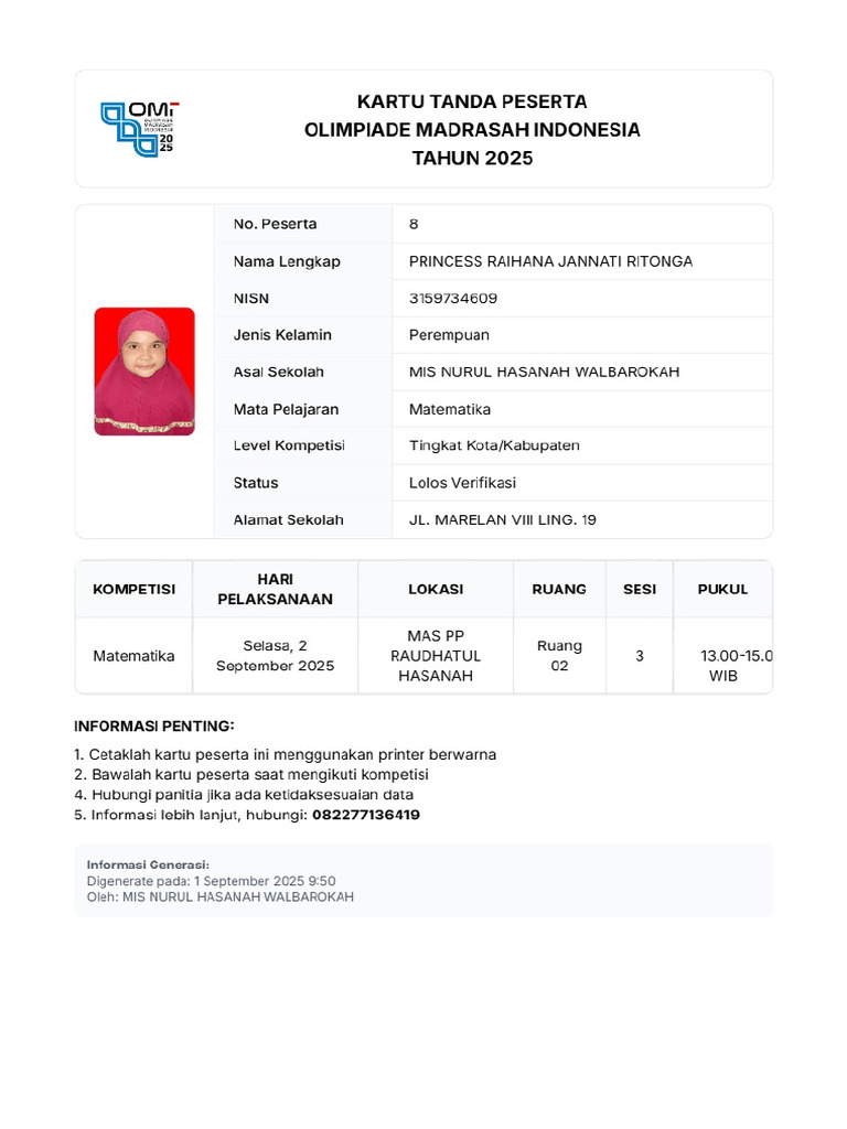 Kartu Peserta Princess Raihana Jannati Ritonga 2025-09-01 | PDF