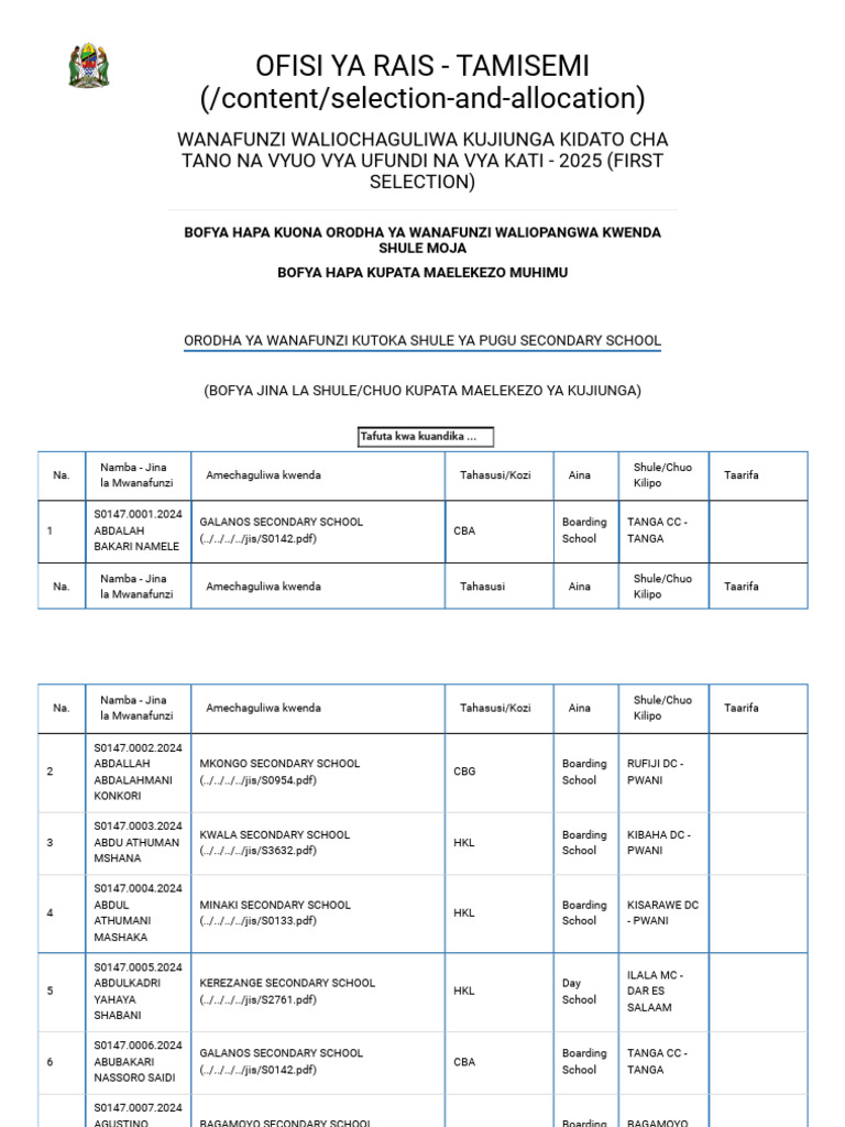 Orodha ya Wanafunzi Kidato cha Tano 2025 | PDF | Tanzania