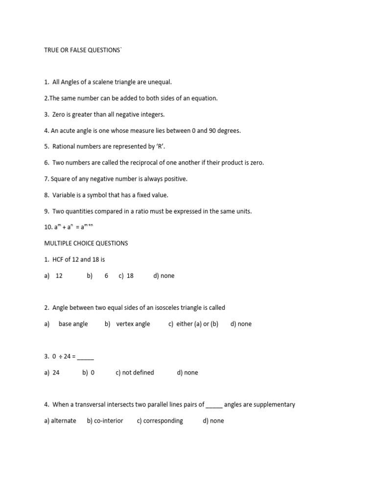 True or False and MCQ Questions Gr7math-1 | PDF