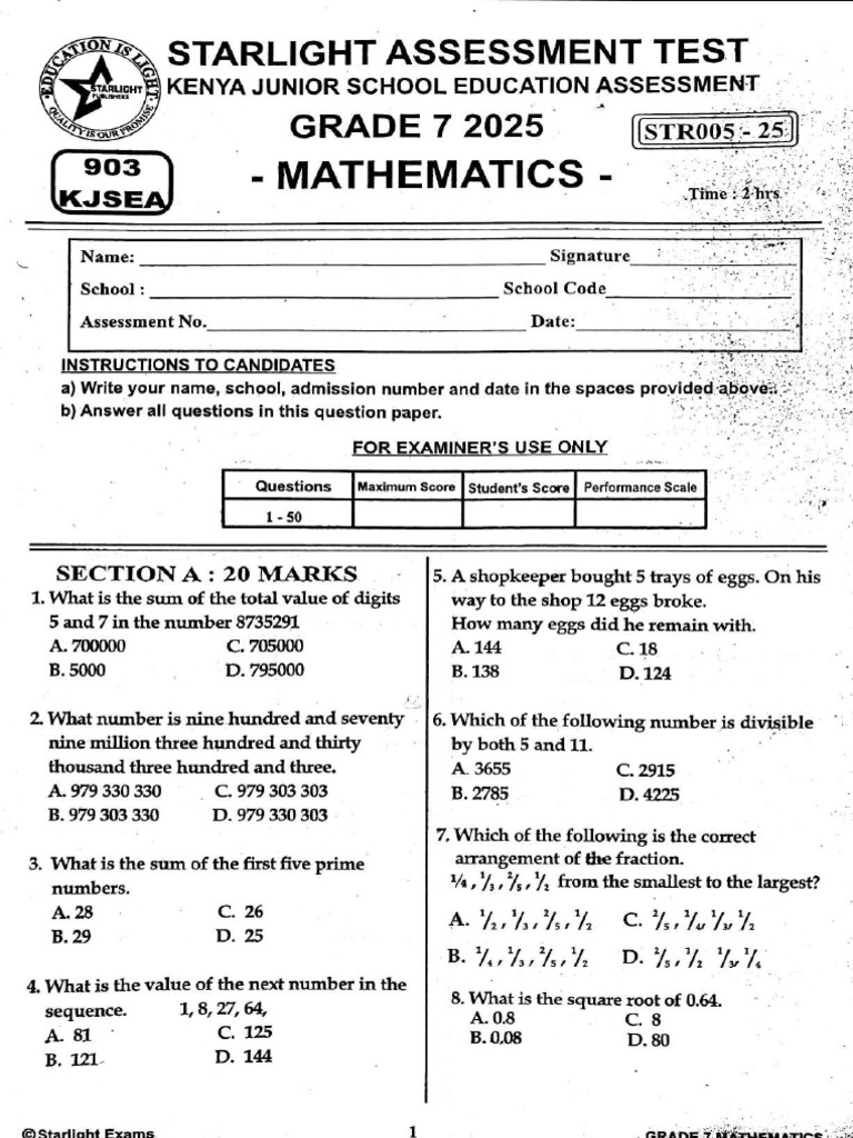 Grade 7 005 Starlight All Subjects With Marking Scheme PDF | PDF