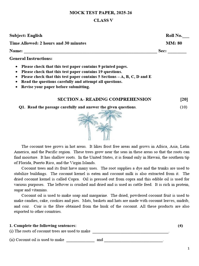 67 Mock Test Class 5 HALF YEARLY | PDF | Coconut