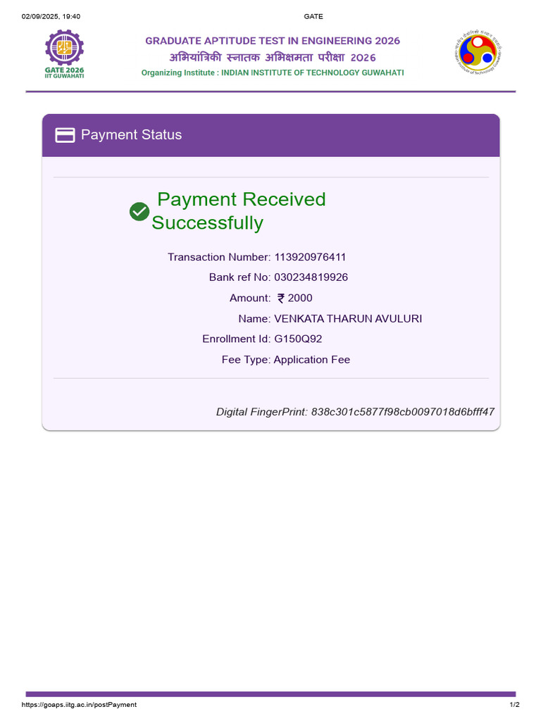 GATE Payment Confirmation Details | PDF