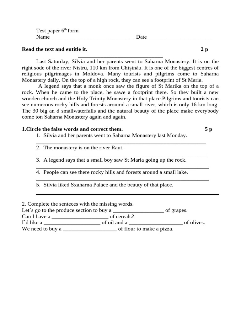 Test Paper 6th Form Unit VI | PDF