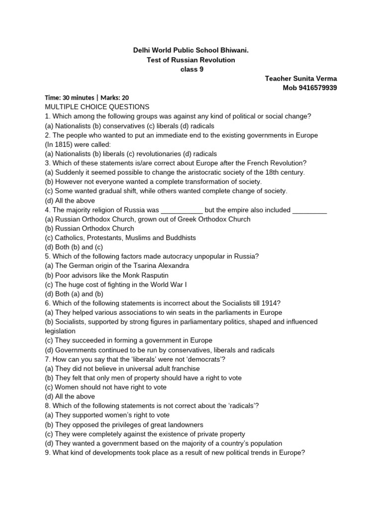 Russian Revolution Test for Class 9 | PDF | Vladimir Lenin | Russian ...