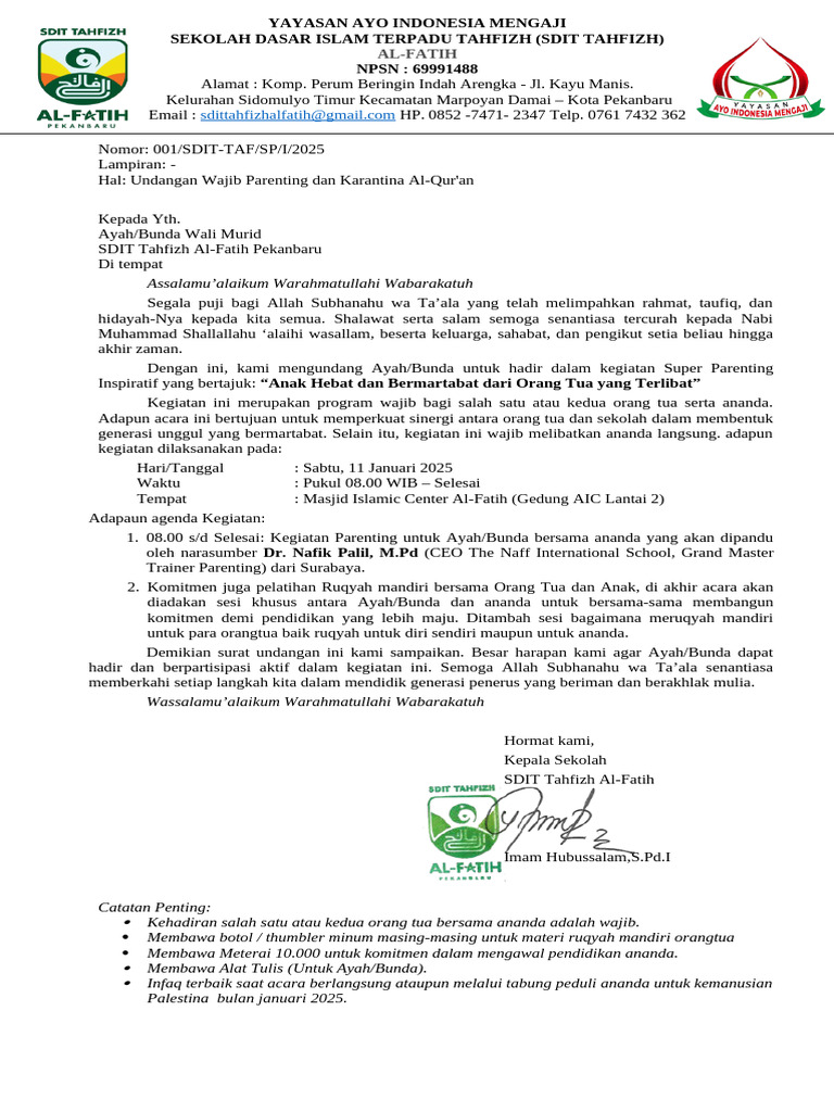 Undangan Parenting SDIT Tahfizh Al-Fatih | PDF