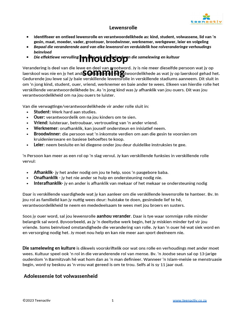 Opsomming Lewensrolle LO | PDF