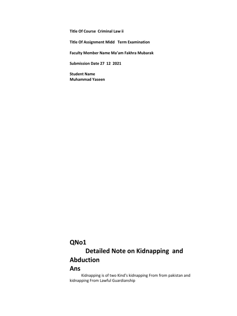 Qno1 Detailed Note On Kidnapping and Abduction Ans | PDF | Robbery ...