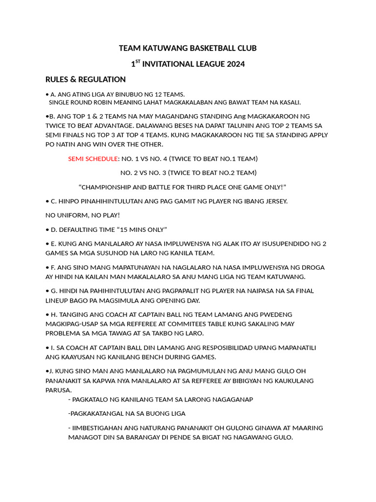 TEAM KATUWANG BASKETBALL CLUB RULES Invitational | PDF