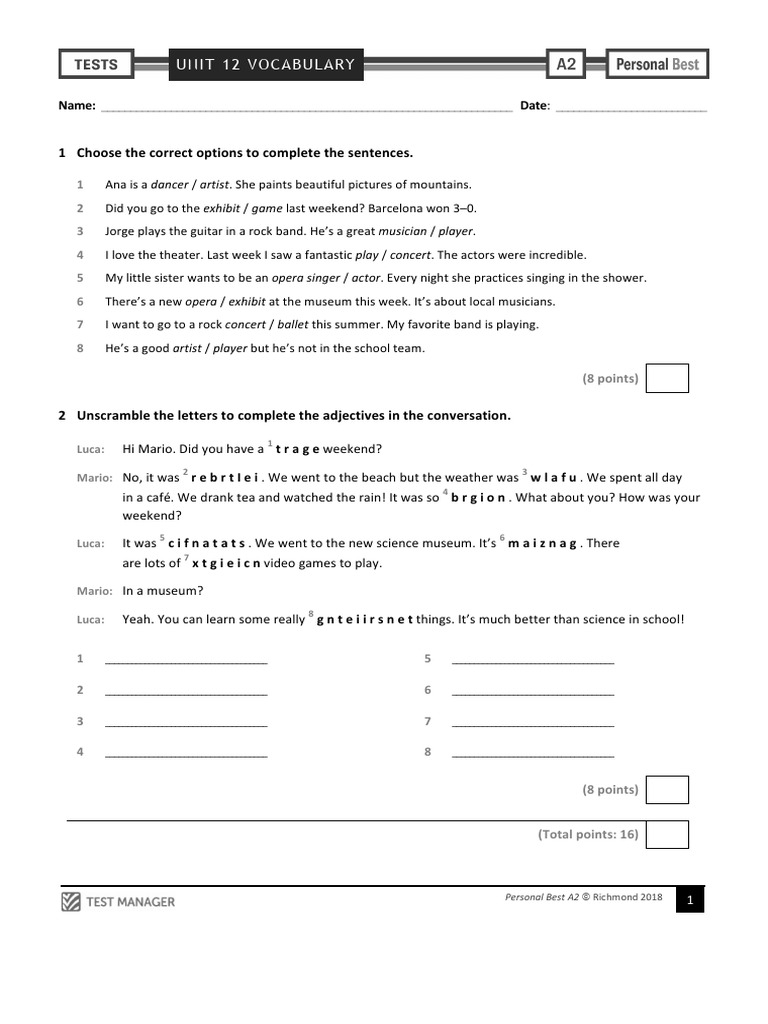 Personal Best A2 Unit 12 Vocabulary Test | PDF | Performing Arts