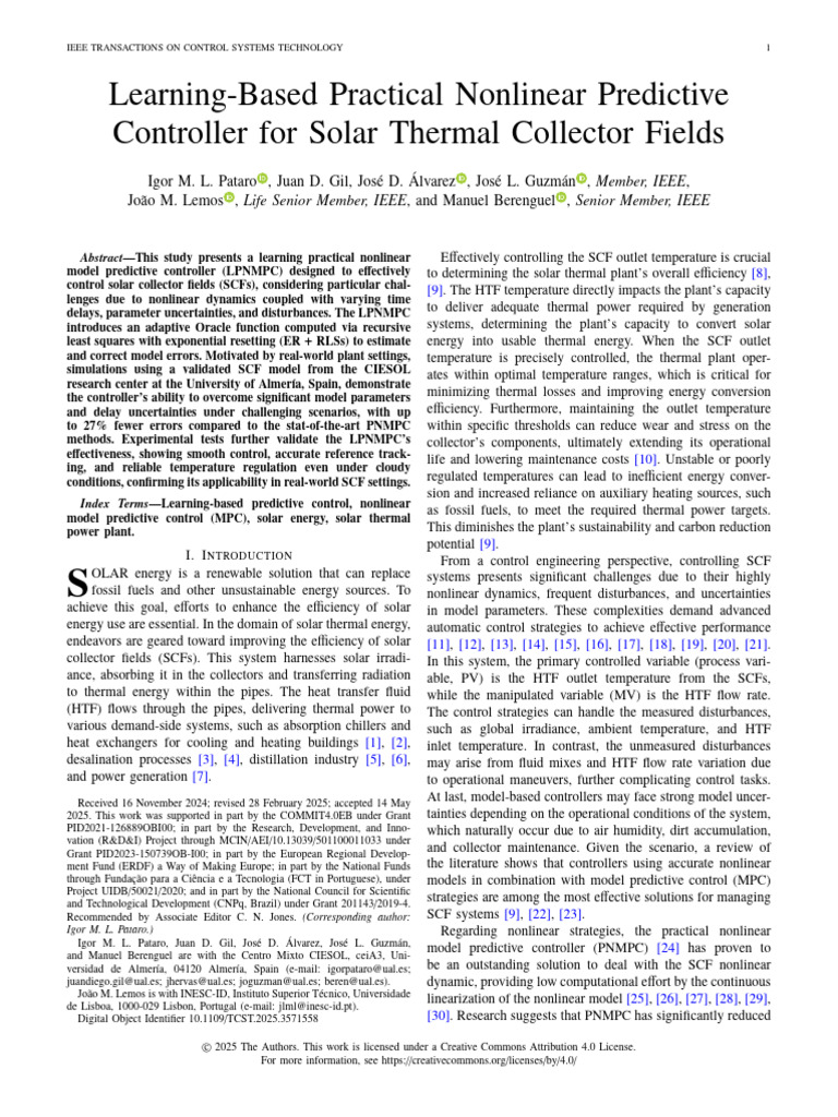 Learning-Based Practical Nonlinear Predictive Controller For Solar Thermal Collector Fields ...