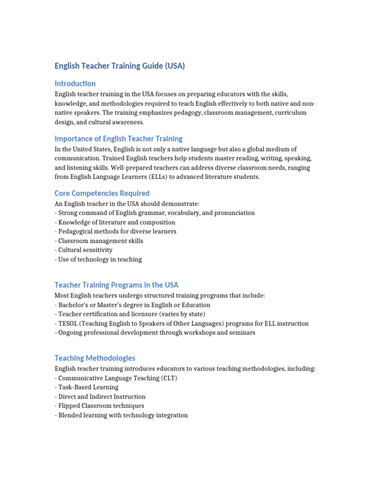 USA English Teacher Training Overview | PDF | Teachers | English As A ...