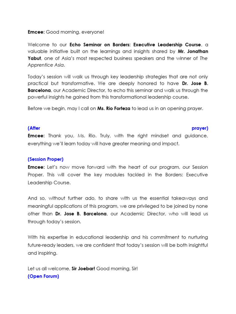 Echo Seminar Borders Emcee Script | PDF | Learning