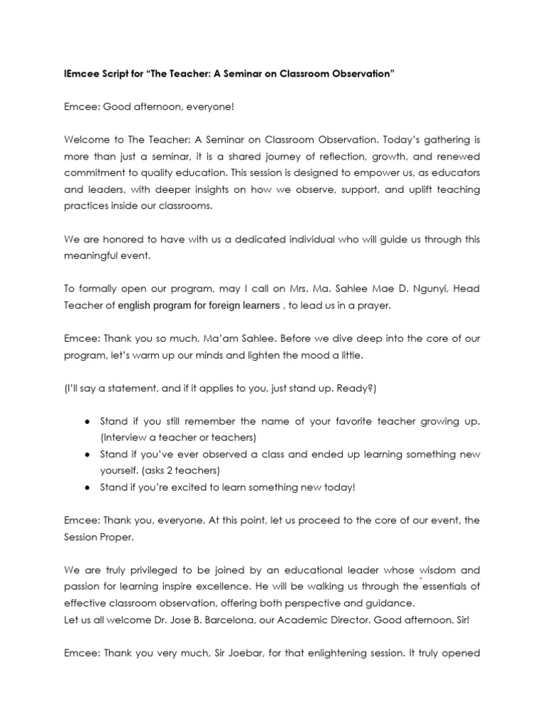 Classroom Observation Seminar Emcee Script | PDF | Teachers | Cognition