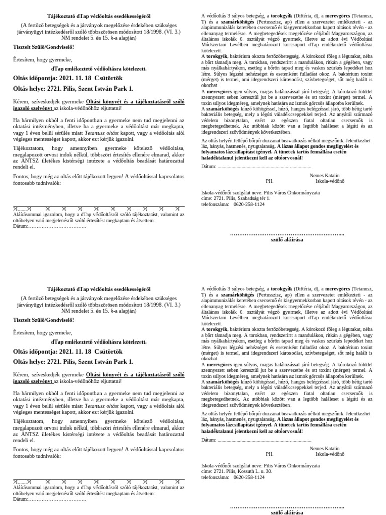 Intézet Tájékoztató A Diftéria, Tetanusz, Pertusszisz Elleni ...